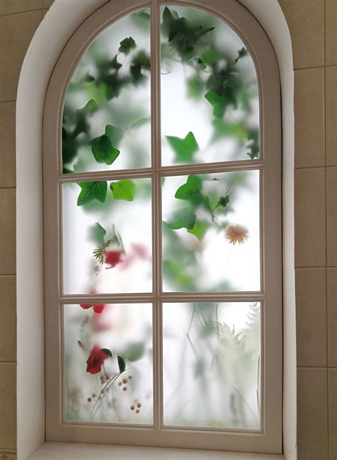 декоративное окно с эффектом вида в утренний туманный сад с плющом и маками Camera