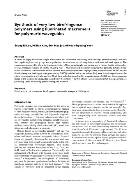 Pdf Synthesis Of Very Low Birefringence Polymers Using Fluorinated Macromers For Polymeric