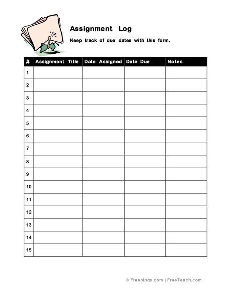 Assignment Completion Log Printables For 1st 8th Grade Lesson Planet