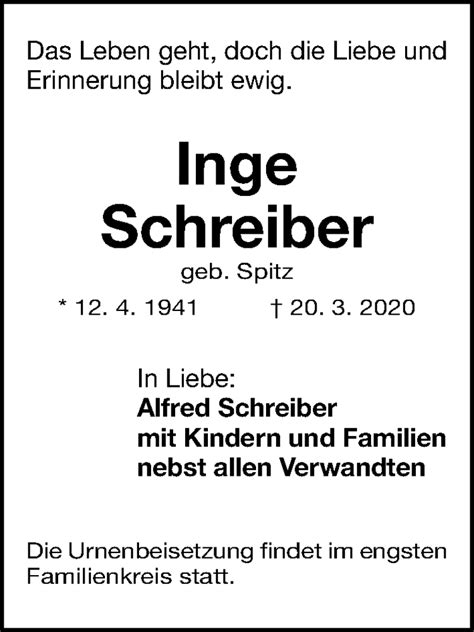 Traueranzeigen Von Inge Schreiber Trauer Nn De