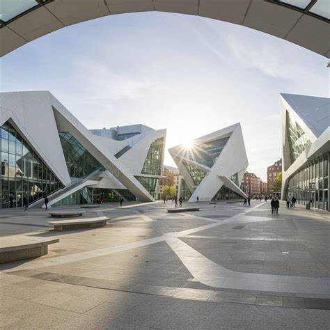 Modern Architectural Plaza With Striking Angular Buildings Featuring Large Glass Panels Stock