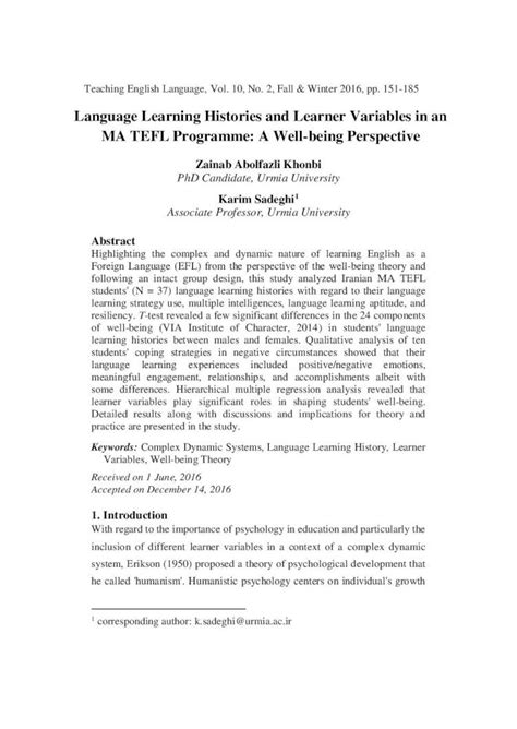 Pdf Language Learning Histories And Learner Variables In An Ma