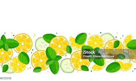 원활한 해독 패턴 감귤류 과일 민트 잎 흰색 배경에 오이 테두리 플랫 벡터 반복 고립 된 일러스트 레이 션 카페 메뉴 팩 디자인 인쇄 디자인 포스터 웹 배너 0명에 대한