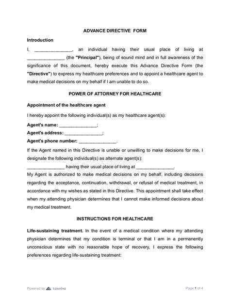 Advance Directive Form Template Pdf Lawrina