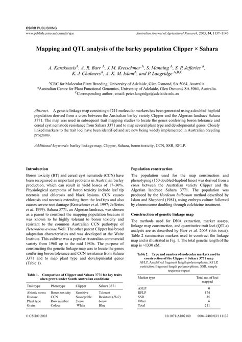 Pdf Mapping And Qtl Analysis Of The Barley Population Clipper × Sahara