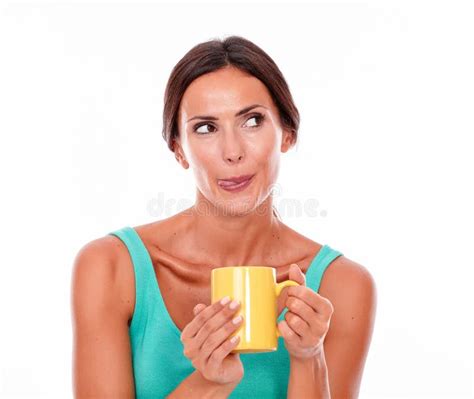 Satisfied Brunette Woman With Coffee Mug Stock Photo Image Of White Brown 71927072