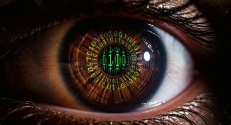 Close Up Of Human Eye With Binary Code Projected Onto Iris Conveying A
