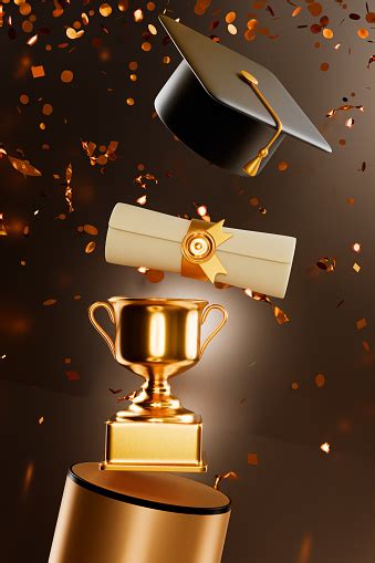 황금 우승자의 컵 받침대 졸업생 모자 및 색종이 조각으로 된 졸업장 3d 렌더링 대학교에 대한 스톡 사진 및 기타 이미지 대학교 켰다 끄기 0명 Istock