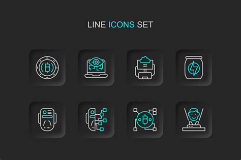 세트 라인 홀로그램 블록체인 기술 비트코인 휴머노이드 로봇 인공 지능 에너지 음료 클라우드 데이터베이스 컴퓨터 비전 및 암호화폐 아이콘 벡터 가공의 인물에 대한 스톡 벡터
