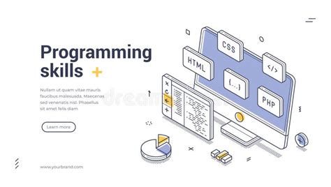 Programming Skills Modern Isometric Line Art Web Banner Template Stock