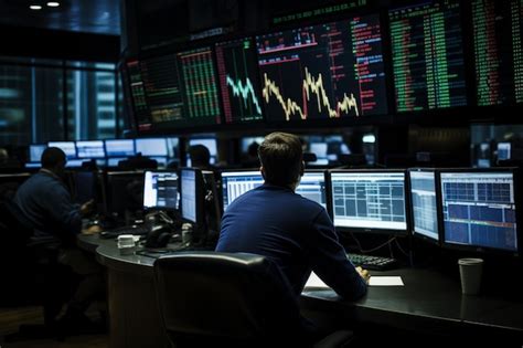 Premium Photo Man Sitting At Desk In Front Of Multiple Computer Monitors Generative Ai