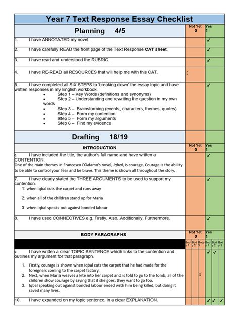 Year 7 Text Response Essay Checklist Pdf Essays Paragraph