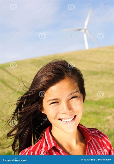 Wind Turbine Woman Stock Photo Image Of Happy Happiness