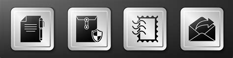 문서 와 펜 방패 우편 스탬프 및 나가는 메일 아이콘봉투를 설정합니다 실버 스퀘어 버튼 벡터 0명에 대한 스톡 벡터 아트 및 기타 이미지 Istock