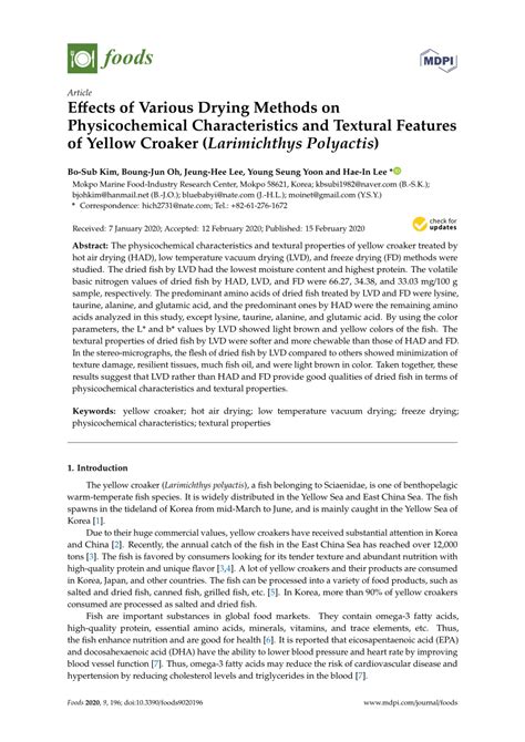 Pdf Effects Of Various Drying Methods On Physicochemical Characteristics And Textural Features