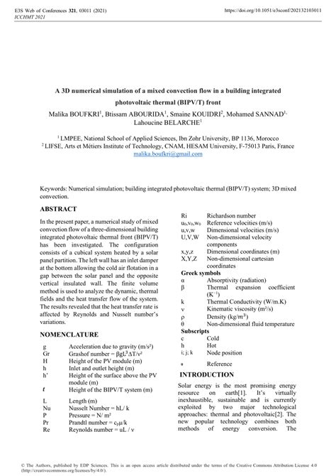 Pdf A 3d Numerical Simulation Of A Mixed Convection Flow In A Building Integrated Photovoltaic