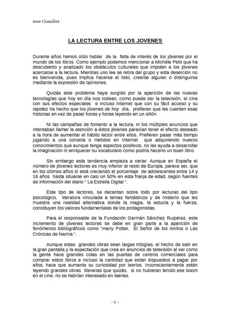 La Lectura Entre Los Jovenes Apuntes De Literatura Docsity