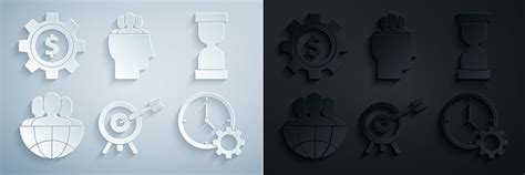 화살표 오래된 모래 시계 흐르는 모래 지구본 사람들 시간 관리 프로젝트 팀 기지 및 기어 달러 기호 아이콘으로 목표를 설정합니다 벡터 3차원 형태에 대한 스톡 벡터 아트 및