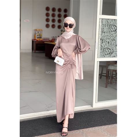 Jual Aileen Dress Gamis Lebaran Dress Satin Polos Gamis Wanita Elegan Dress Serut