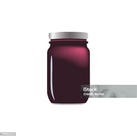 흰색 배경에 고립 된 보라색 잼 항아리 유리 마멜레이드의 프리젠 테이션에 좋은 벡터 젤리 항아리 유리의 모형 가득 찬에 대한 스톡 벡터 아트 및 기타 이미지 Istock