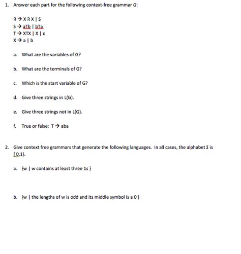 solved 1 answer each part for the following context free
