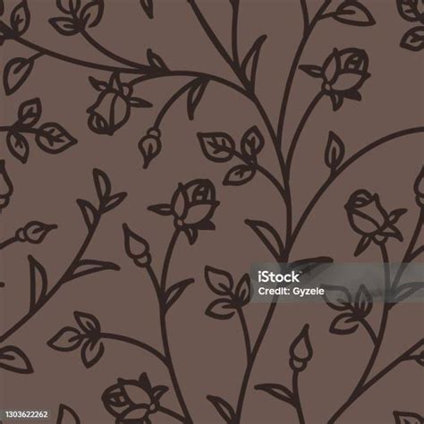 추상적인 정원 장미가 있는 매끄러운 패턴으로 줄기 싹 잎 실루엣이 특징입니다 꽃이 만발한 윤곽꽃과 갈색 배경 빈티지 꽃 손으로 그린 벽지 0명에 대한 스톡 벡터 아트 및