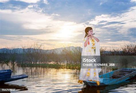 중국 소녀는 호수의 보트에서 중국 전통 악기를 연주하 고 있습니다 중국어 새 해 축 하에서 중국 전통 악기를 뽑아 발동 고대의에 대한 스톡 사진 및 기타 이미지 Istock