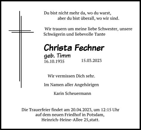 Traueranzeigen Von Christa Fechner Trauer Anzeigende