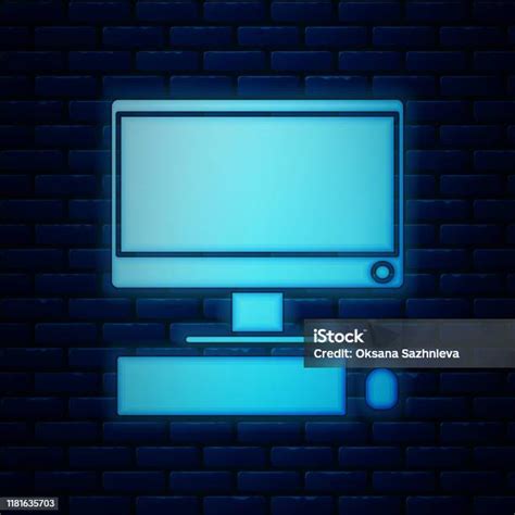 벽돌 벽 배경에 격리 키보드와 마우스 아이콘 빛나는 네온 컴퓨터 모니터 Pc 구성 요소 기호입니다 벡터 일러스트레이션 0명에