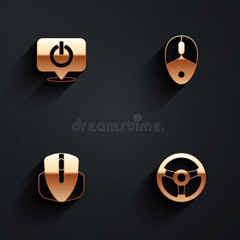 Set Power Button Computer Mouse And Racing Simulator Icon With Long Shadow Vector Stock