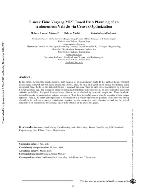 Pdf Linear Time Varying Mpc Based Path Planning Of An Autonomous Vehicle Via Convex Optimization
