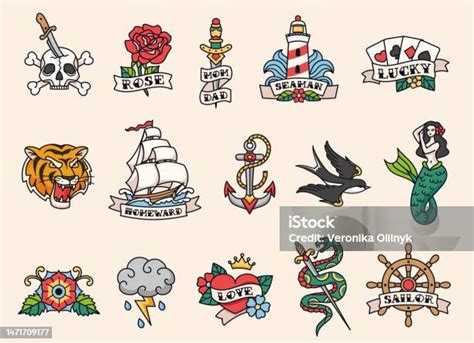 선원 문신 디자인 올드 스쿨 문신 스타일 대담한 검은색 윤곽선이 있는 미국 전통 색상 문신 손으로 그린 벡터 일러스트 세트 문신에 대한 스톡 벡터 아트 및 기타 이미지