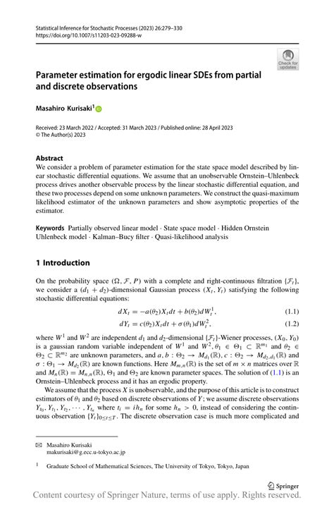 Pdf Parameter Estimation For Ergodic Linear Sdes From Partial And