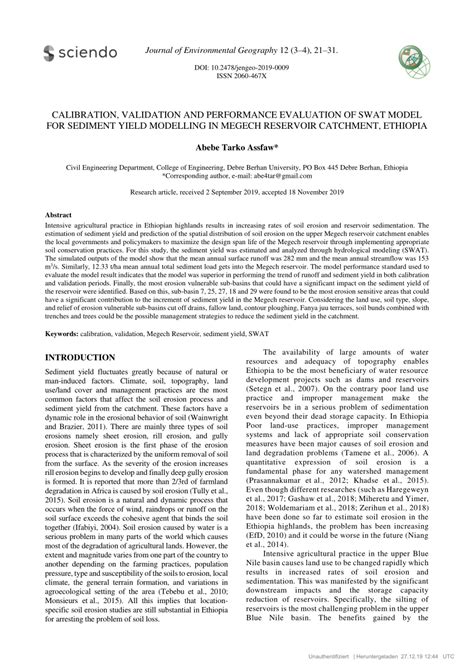 Pdf Calibration Validation And Performance Evaluation Of Swat Model For Sediment Yield