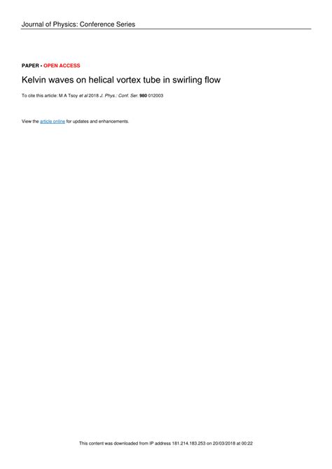 Pdf Kelvin Waves On Helical Vortex Tube In Swirling Flow