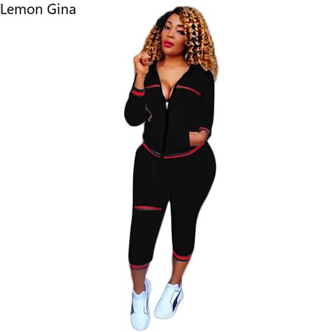 레몬지나 스웨트 여성 캐주얼 후드 지퍼 위로 및 송아지 길이 바지 정장 조깅 스포츠 2 조각 세트 봄 의상 Aliexpress
