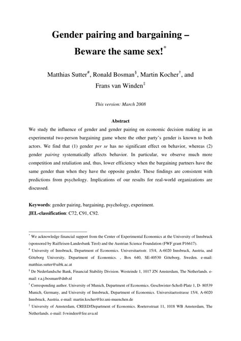 PDF Gender Pairing And BargainingBeware The Same Sex