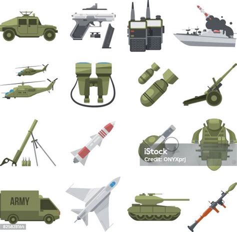 다른 육군 무기의 아이콘 세트입니다 군사 및 경찰 장비 평면 스타일에 벡터 그림 라디오에 대한 스톡 벡터 아트 및 기타 이미지 라디오 해군 Ship Launch