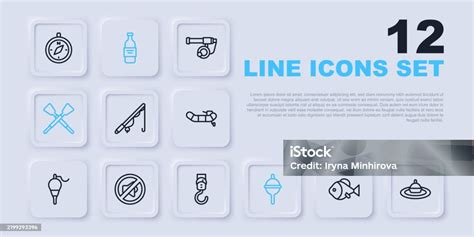 세트 라인 물고기 물에 낚시 플로트 막대 교차 노 또는 패들 보트 스피커 음소거 보드카 병 및 스프링 스케일 아이콘 벡터 0명에 대한 스톡 벡터 아트 및 기타 이미지