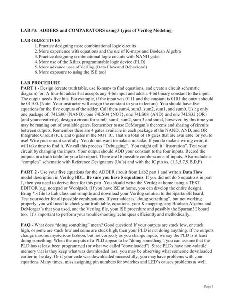 Pdf Lab 3 Adders And Comparators Using 3 Types Of Verilog Modeling Lab Objectives · Pdf File