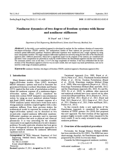 Nonlinear Dynamics Of Two Degree Of Freedom Systems With Linear And Nonlinear Stiffnesses Bayat