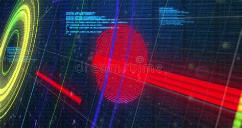 Image Of Red Biometric Fingerprint Over Scope Scanning And Data Processing Stock Image Image