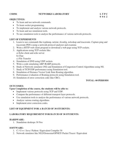 Cs8581 Cn Lab Syllabus Pdf