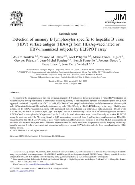 Pdf Detection Of Memory B Lymphocytes Specific To Hepatitis B Virus Hbv Surface Antigen