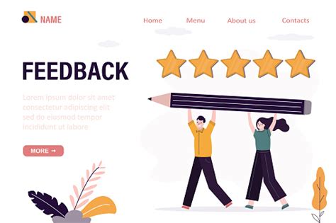 피드백 랜딩 페이지 템플릿 사람들은 댓글과 리뷰를 작성하기 위해 큰 연필을 가지고 다닙니다 평가 및 온라인 설문 조사 쇼핑 또는