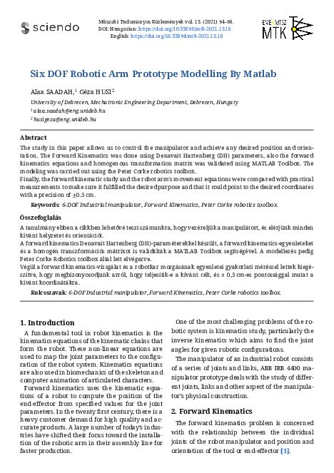 Pdf Six Dof Robotic Arm Prototype Modelling By Matlab