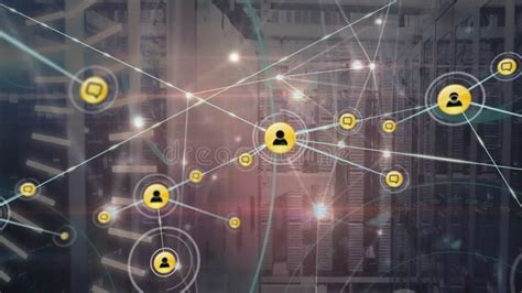 Animation Of Network Of Connections With Icons And Data Processing Over Server Room Stock Video