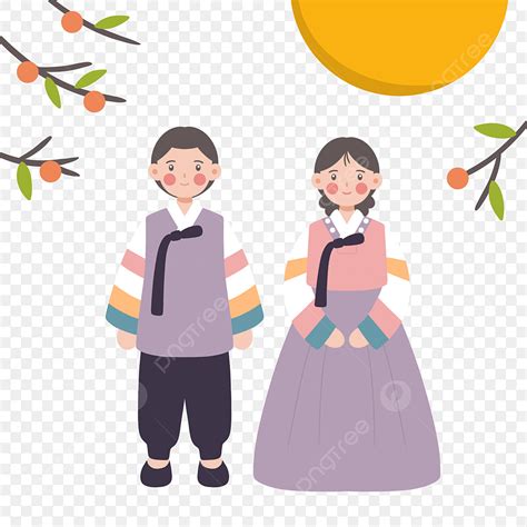 투명한 배경에서 추석 일러스트 인사 삽화를 위해 한복을 입은 귀여운 한국 부부 명절 전통 한복 행복한 추석 추석 요소 추석 PNG 일러스트 및 PSD 이미지 무료