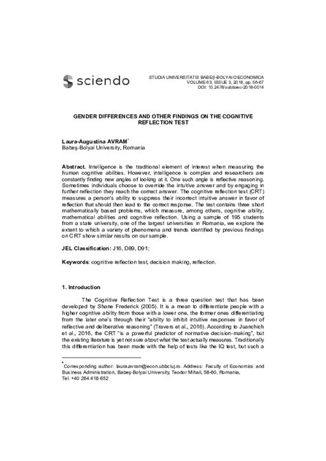 Pdf Gender Differences And Other Findings On The Cognitive Reflection