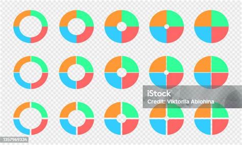 파이 와 도넛 차트 세트 4개의 섹션으로 나눈 원 다이어그램입니다 다채로운 인포그래픽 휠 투명 한 배경에 격리 된 4 개의 동일한 부분으로 절단 된 둥근 모양 4에 대한